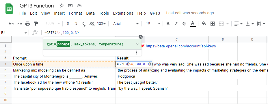 GPT3() Function in GSheets - Saxifrage Blog